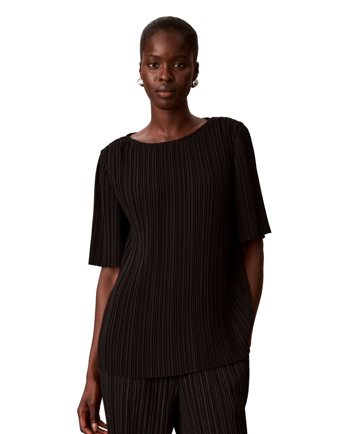 Click here for Calvin Klein Womens Boat Neck Plisse Tunic - Black prices