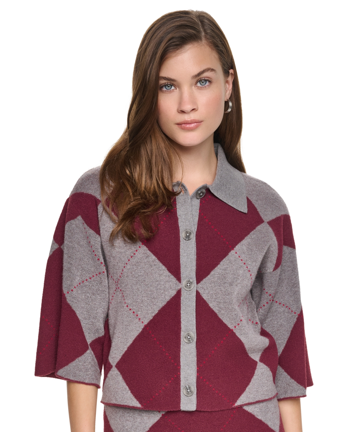 Click here for Dkny Jeans Womens Fuzzy-Knit Argyle Polo Collar Ca... prices