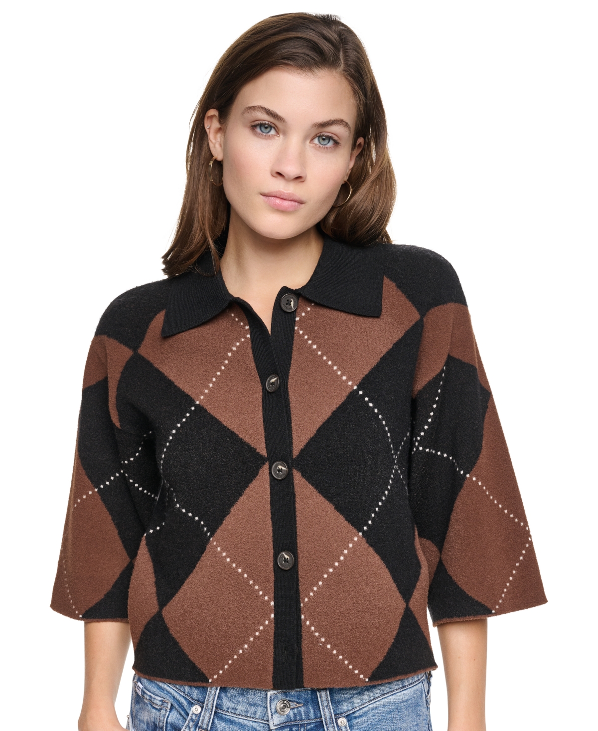 Click here for Dkny Jeans Womens Fuzzy-Knit Argyle Polo Collar Ca... prices