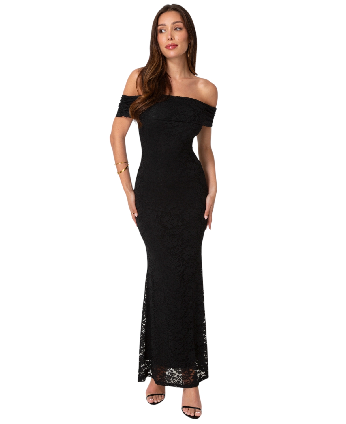 Click here for Bebe Womens Off-the-Shoulder Lace Maxi Dress - Bla... prices