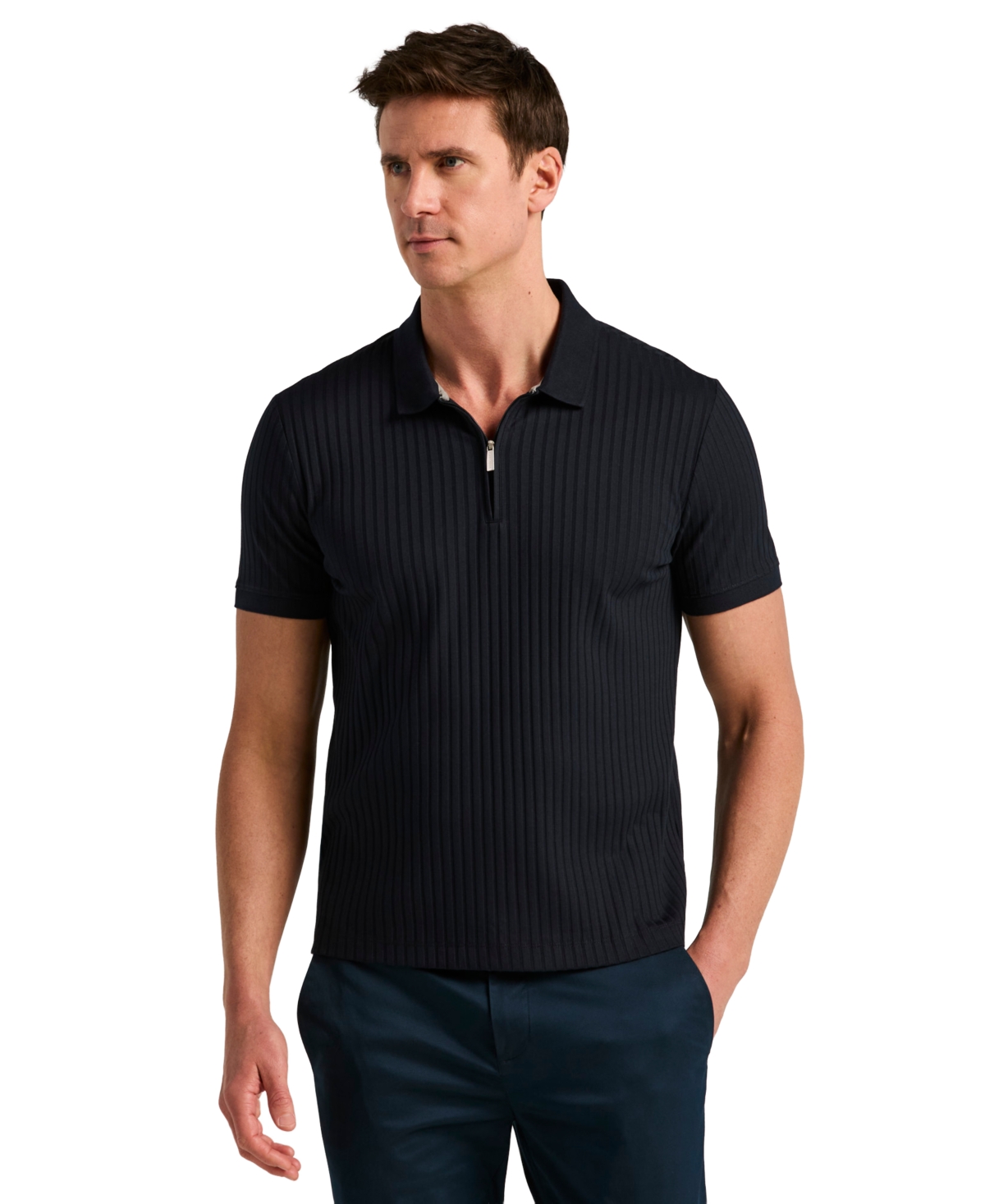 Click here for Perry Ellis Mens Slim-Fit Ribbed-Knit 1/4-Zip Polo... prices