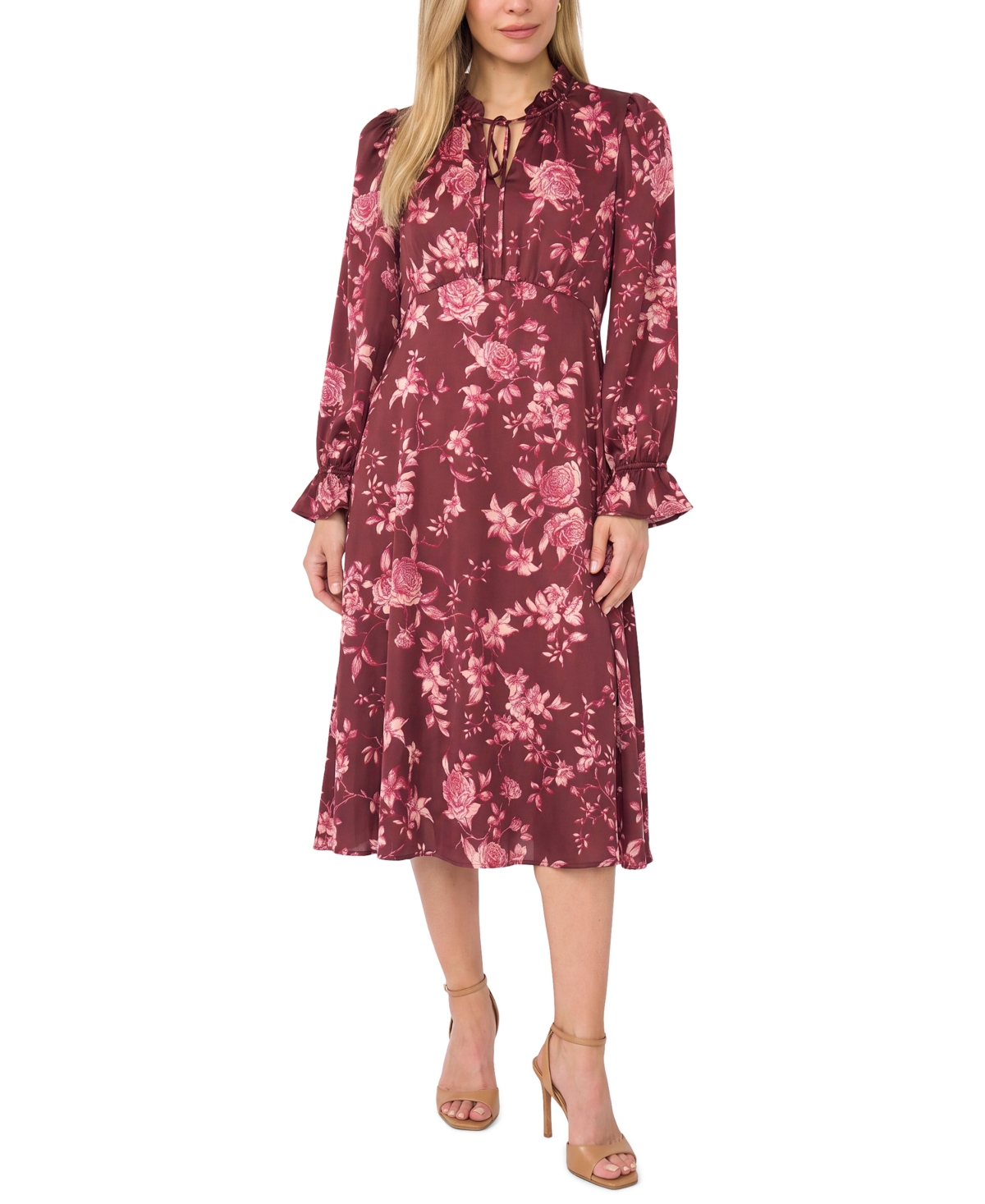 Click here for Msk Petite Tie Neck Satin Midi Floral A-Line Dress... prices