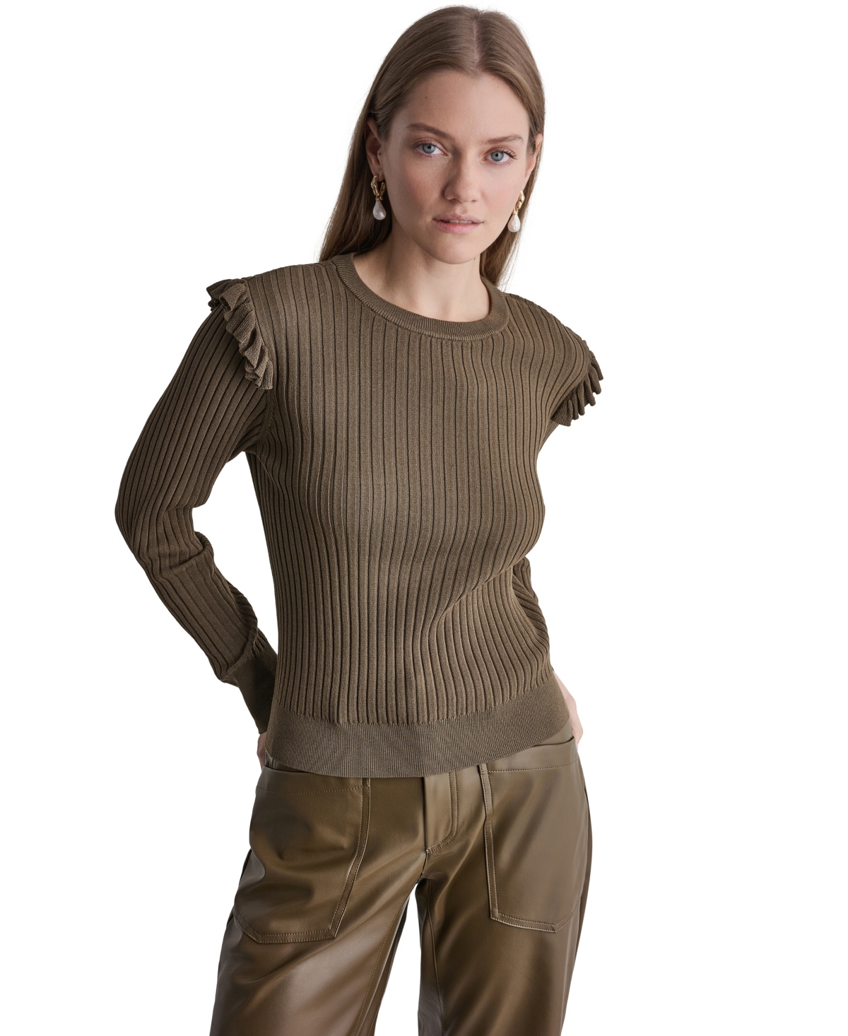 Click here for Bcbg Womens Ruffle-Trim Ribbed-Knit Long-Sleeve Cr... prices