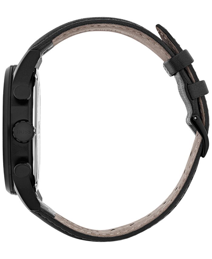 BOSS Men's Chronograph Navigator Black Leather Strap Watch 44mm 1513497 ...