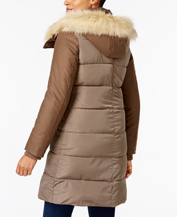 French Connection Faux-Fur-Trim Mixed-Media Coat - Macy's