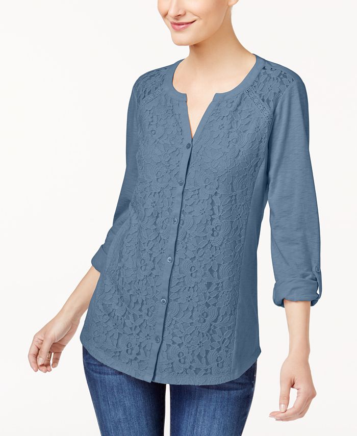 Style & Co Lace-Panel Knit Shirt, Created for Macy's - Macy's