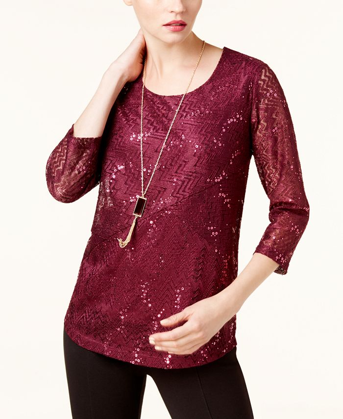 JM Collection Lace Sequined Top, Created for Macy's - Macy's