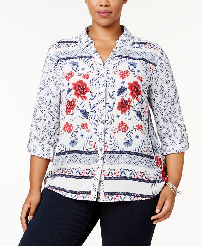 Style & Co Plus Size Mixed-Print Blouse, Created for Macy's - Macy's