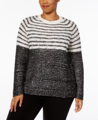 NY Collection Plus Size Sequined Striped Sweater - Macy's
