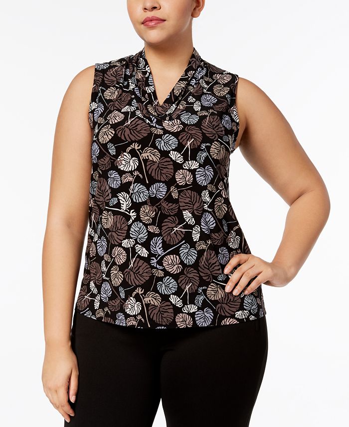 Anne Klein Plus Size Printed Pleated-Neck Shell - Macy's