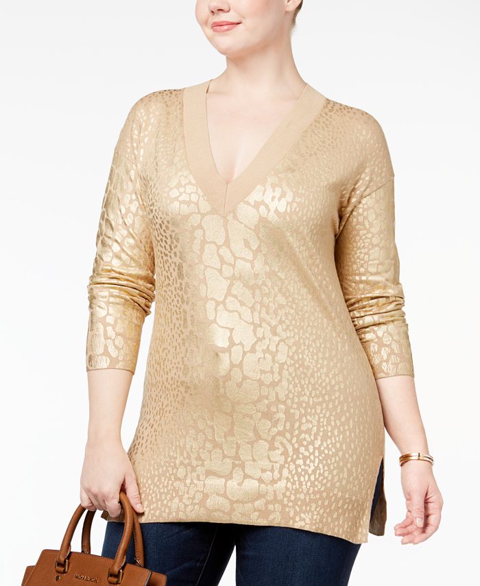 Michael Kors Plus Size Foil-Print Tunic Sweater - Macy's