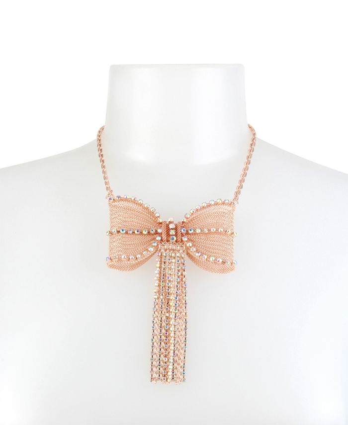 Betsey Johnson Rose Gold-Tone Crystal Mesh Bow Statement Necklace - Macy's