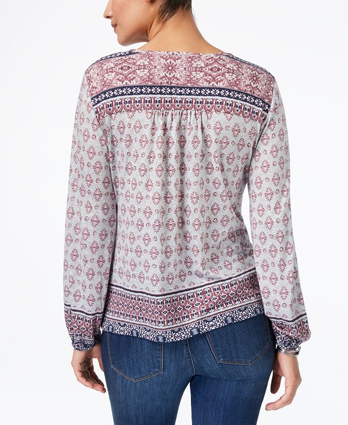 Style & Co Mixed-Print Split-Neck Top, Created for Macy's - Macy's