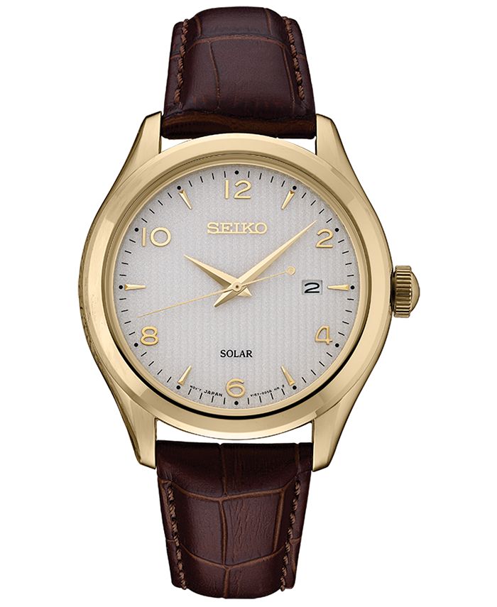 Seiko Men's Solar Essentials Brown Leather Strap Watch 42mm - Macy's