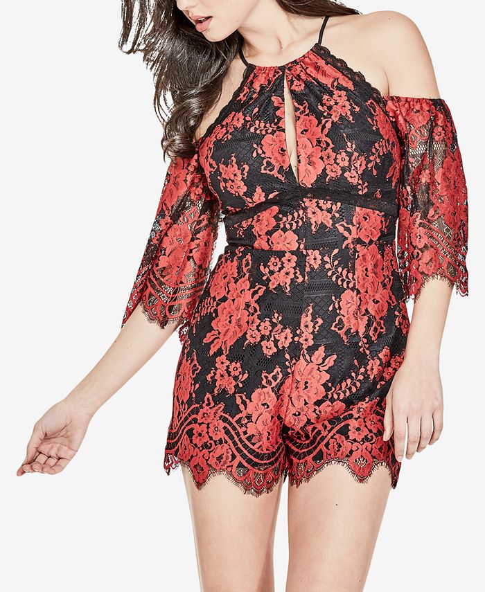 GUESS Lace Cold-Shoulder Romper - Macy's