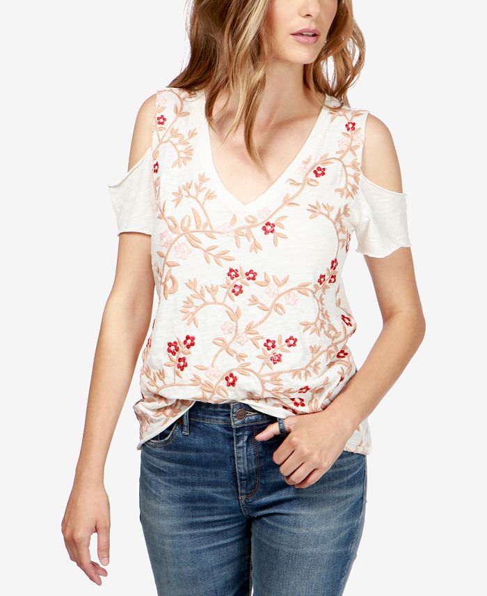 Lucky Brand Cotton Cold-Shoulder Embroidered Top - Macy's