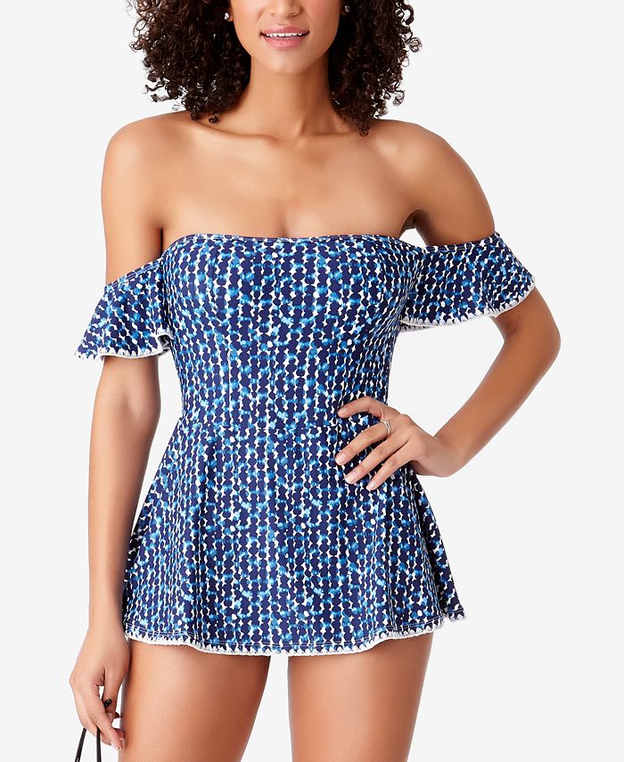 Anne Cole STUDIO Flounce Around Printed Off-The-Shoulder Ruffled Swim ...