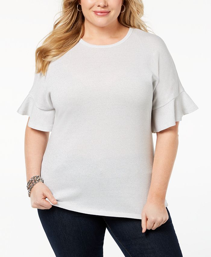 Michael Kors Plus Size Metallic Flounce-Sleeve Top - Macy's