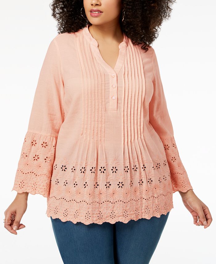 Style & Co Plus Size Cotton Pintuck Eyelet Top, Created for Macy's - Macy's
