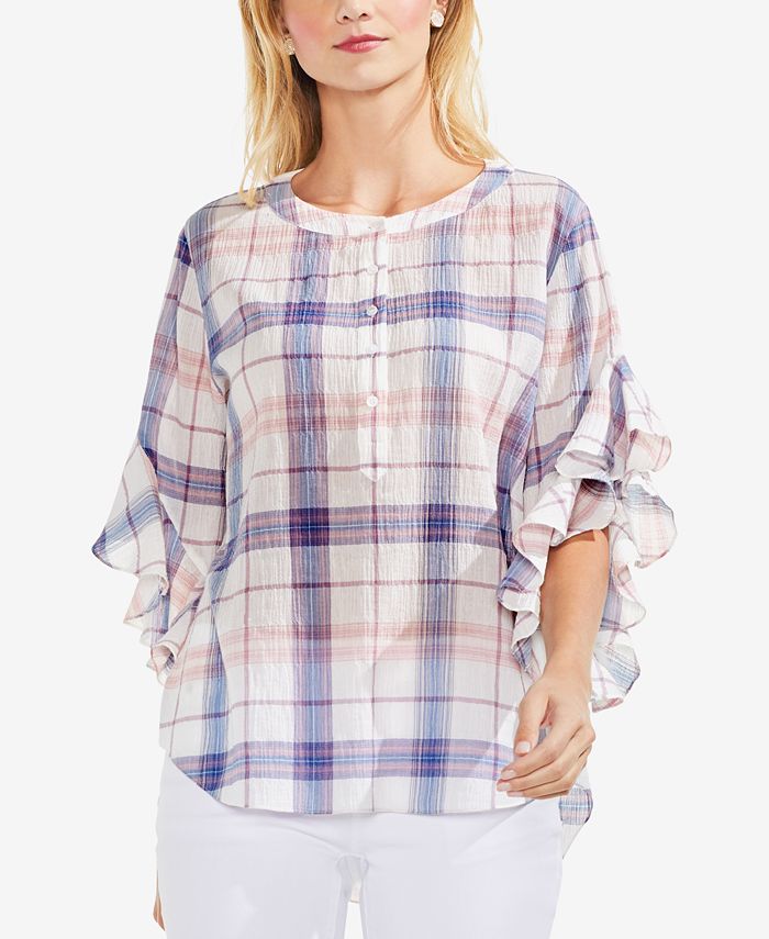 Vince Camuto Plaid Ruffle-Sleeve Top - Macy's