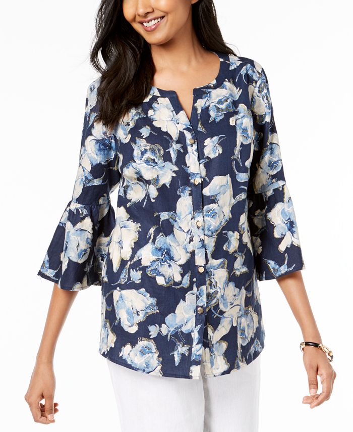 JM Collection Linen Floral-Print Bell-Sleeve Shirt, Created for Macy's ...
