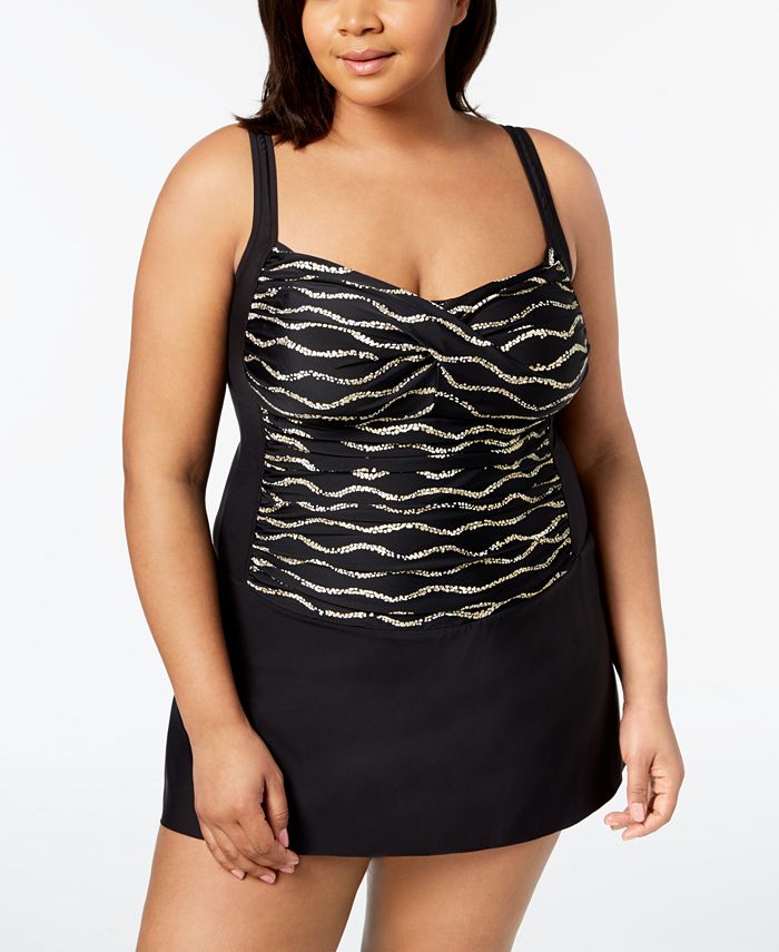 Swim Solutions Plus Size Desert Sand Shirred Tummy Control Swimdress