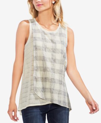 Vince Camuto Sheer Plaid-Contrast Top - Macy's