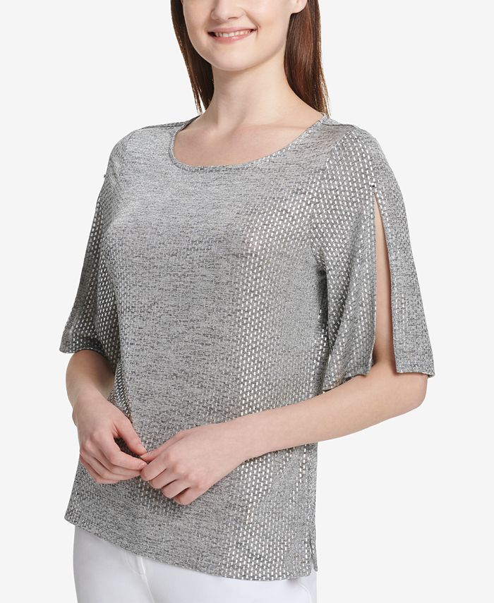 Calvin Klein Woven-Look Split-Sleeve Top - Macy's