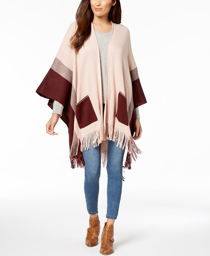 Cejon Colorblocked Patch-Pocket Fringe Poncho - Macy's