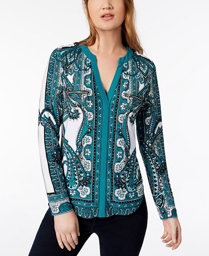 INC International Concepts I.N.C. Printed Zipper-Trim Top, Created for ...