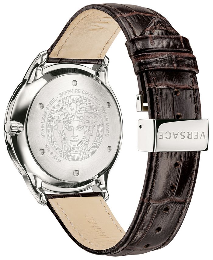 Versace Men's Swiss Business Slim Brown Leather Strap Watch 43mm - Macy's