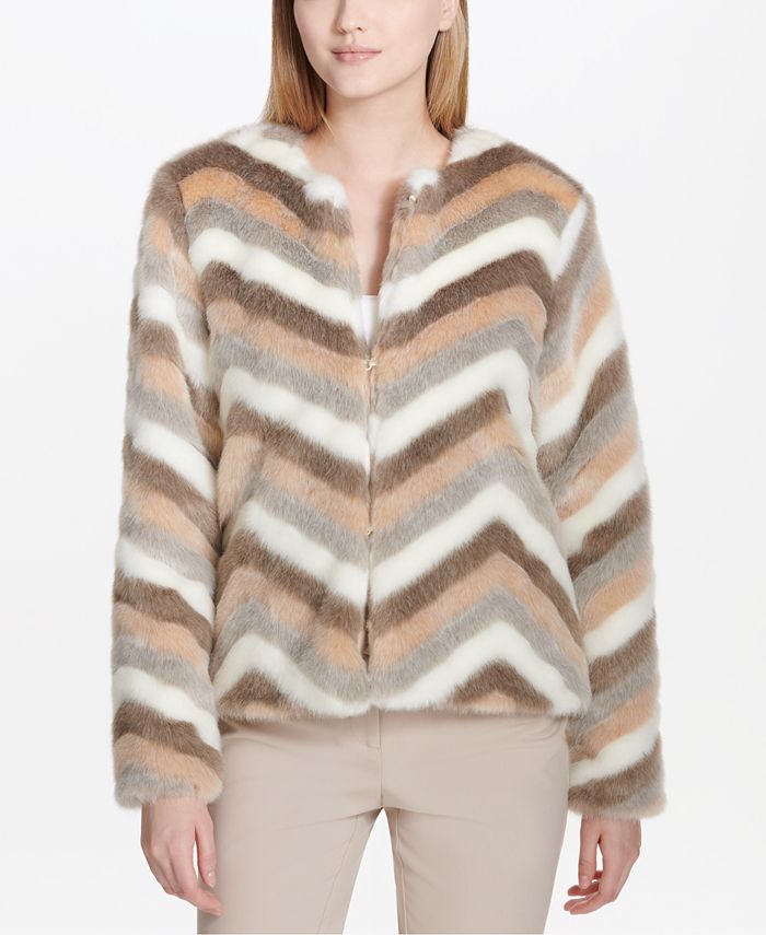 Calvin Klein Striped Faux-Fur Jacket - Macy's