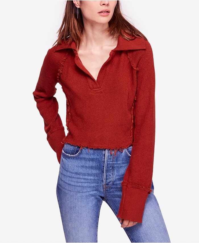 Free People Darcy Frayed Cotton Long-Sleeve Sweater - Macy's
