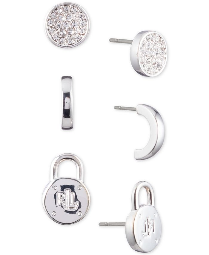 Lauren Ralph Lauren Silver-Tone 3-Pc. Set Stud Earrings - Macy's