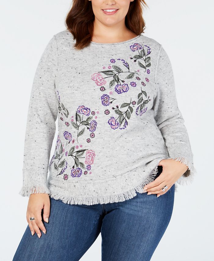 Style & Co Plus Size Embroidered Fringed Sweater, Created for Macy's ...