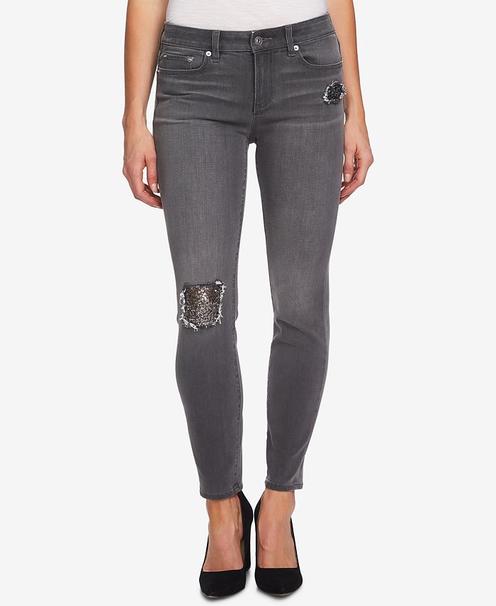 CeCe Gray Sequin Patch Skinny Jeans - Macy's
