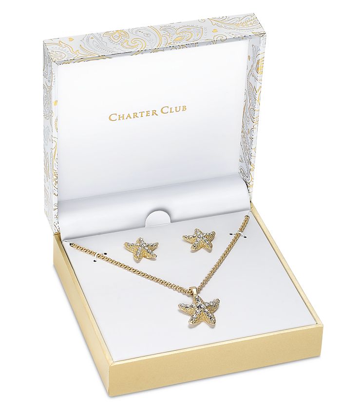 Charter Club Gold-Tone Pavé Starfish Pendant Necklace & Stud Earrings ...