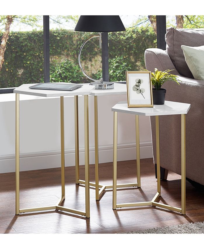 Walker Edison Set of 3 Hex Nesting Tables in Faux White Marble and Gold - Macy's