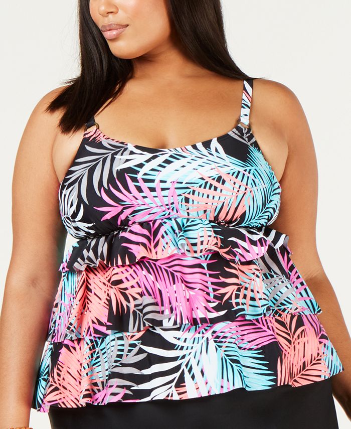 Island Escape Plus Size Bahama Printed Three Tiered Tankini Top