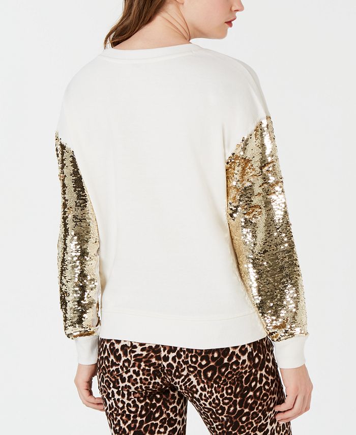 GUESS Metallic-Sleeve Logo Sweater - Macy's