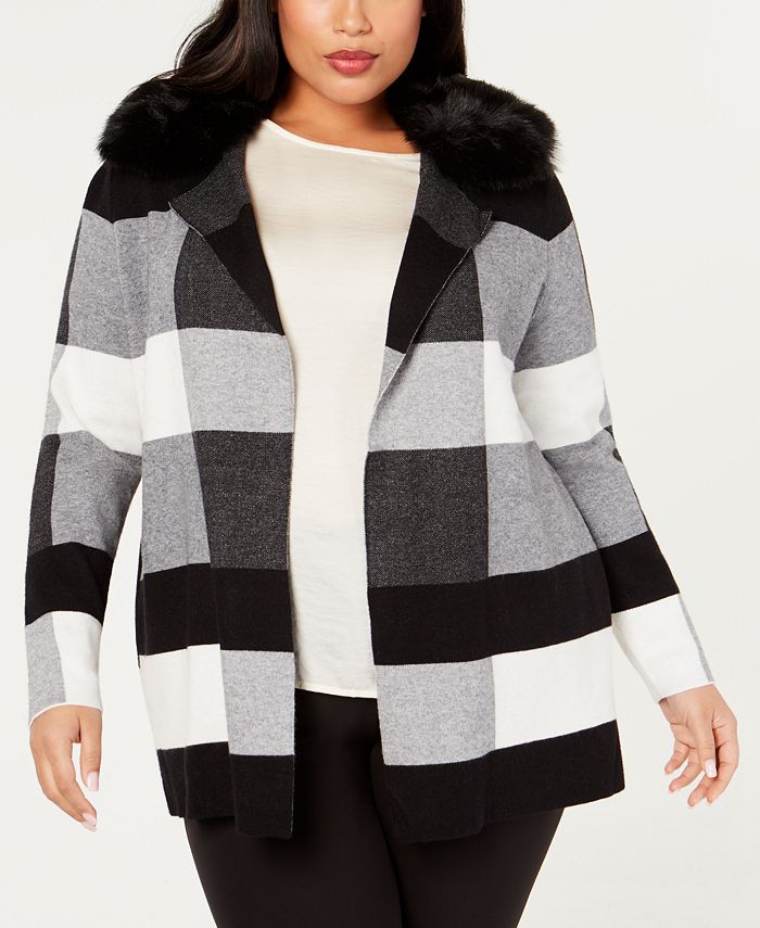 Belldini Plus Size Plaid Cardigan with Removable Faux-Fur Collar - Macy's