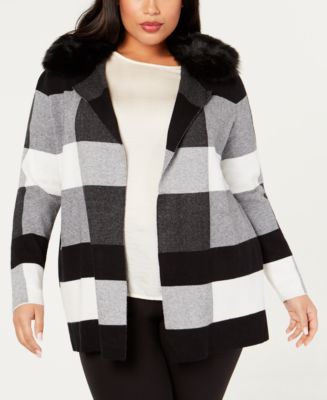 Belldini Plus Size Plaid Cardigan with Removable Faux-Fur Collar - Macy's