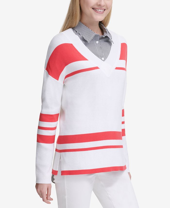 Calvin Klein Striped V-Neck Sweater - Macy's