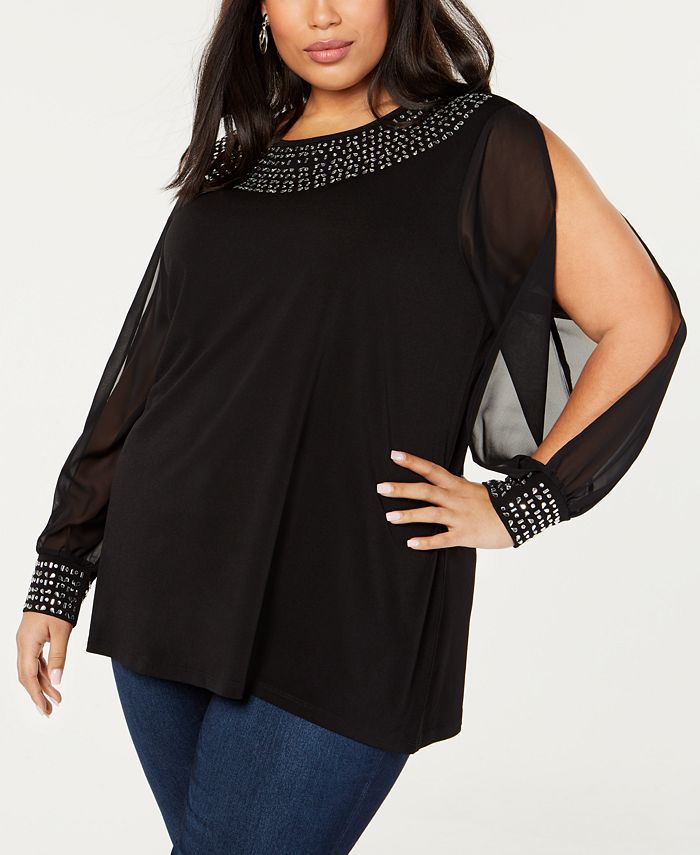 Belldini Black Label Plus Size Split-Sleeve Rhinestone Top - Macy's