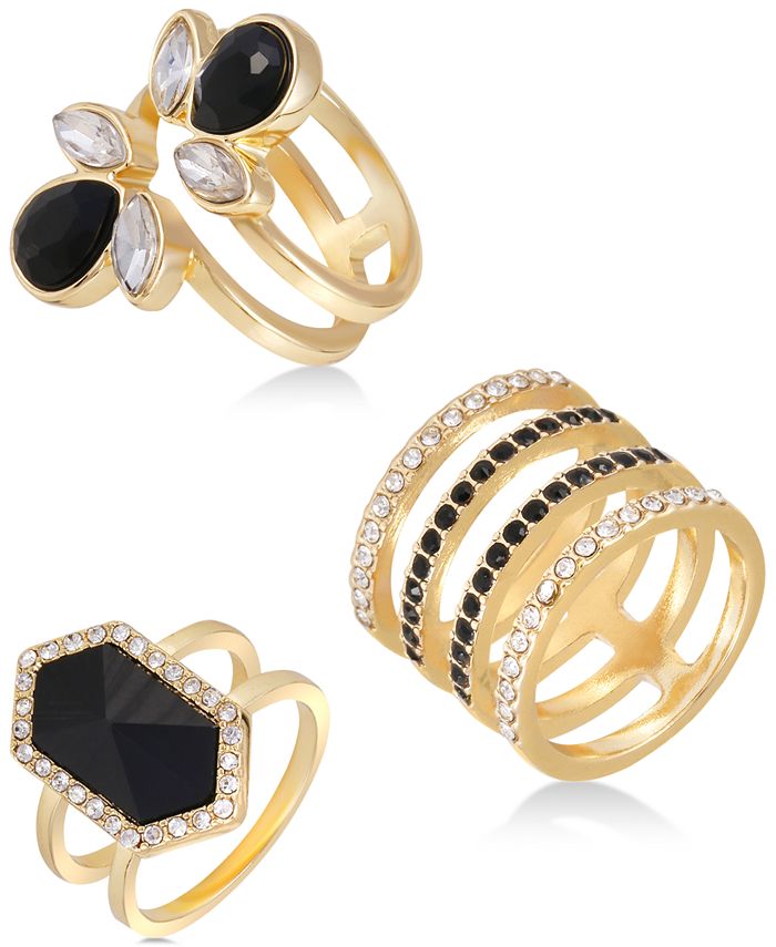 GUESS Gold-Tone 3-Pc. Set Crystal Multi-Row Rings - Macy's