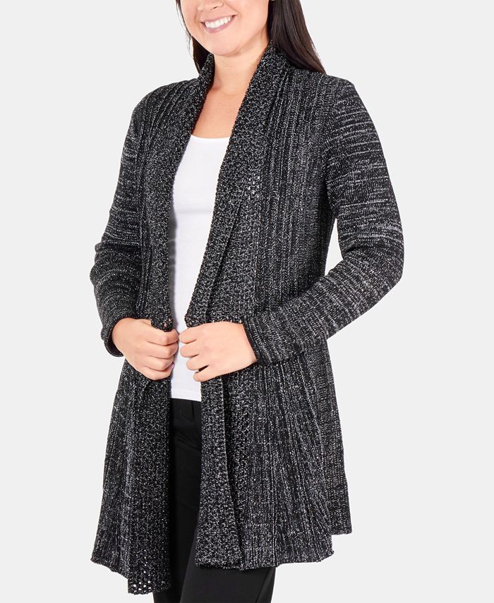 NY Collection Metallic Multi-Textured Shawl Collar Cardigan - Macy's