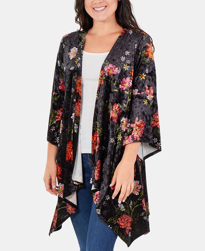 NY Collection Floral-Print Velvet Cardigan - Macy's