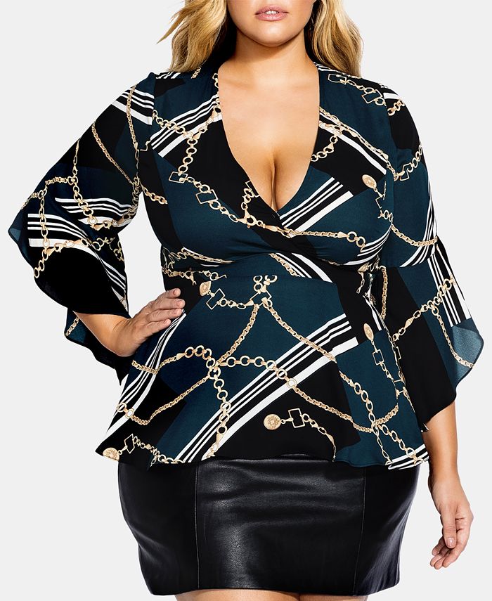 City Chic Trendy Plus Size Chain-Print Faux-Wrap Top - Macy's