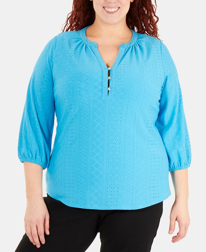 NY Collection Plus Size Embroidered Balloon-Sleeve Top - Macy's