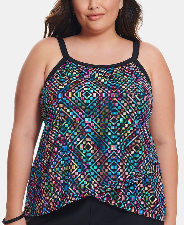 Swim Solutions Plus Size Printed Cross Over Hem Tankini Top Created
